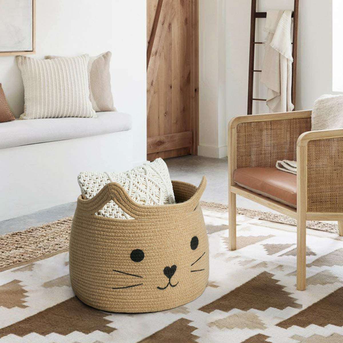 Smile Cat Large Jute Woven Cotton Rope Storage Basket | Timeyard